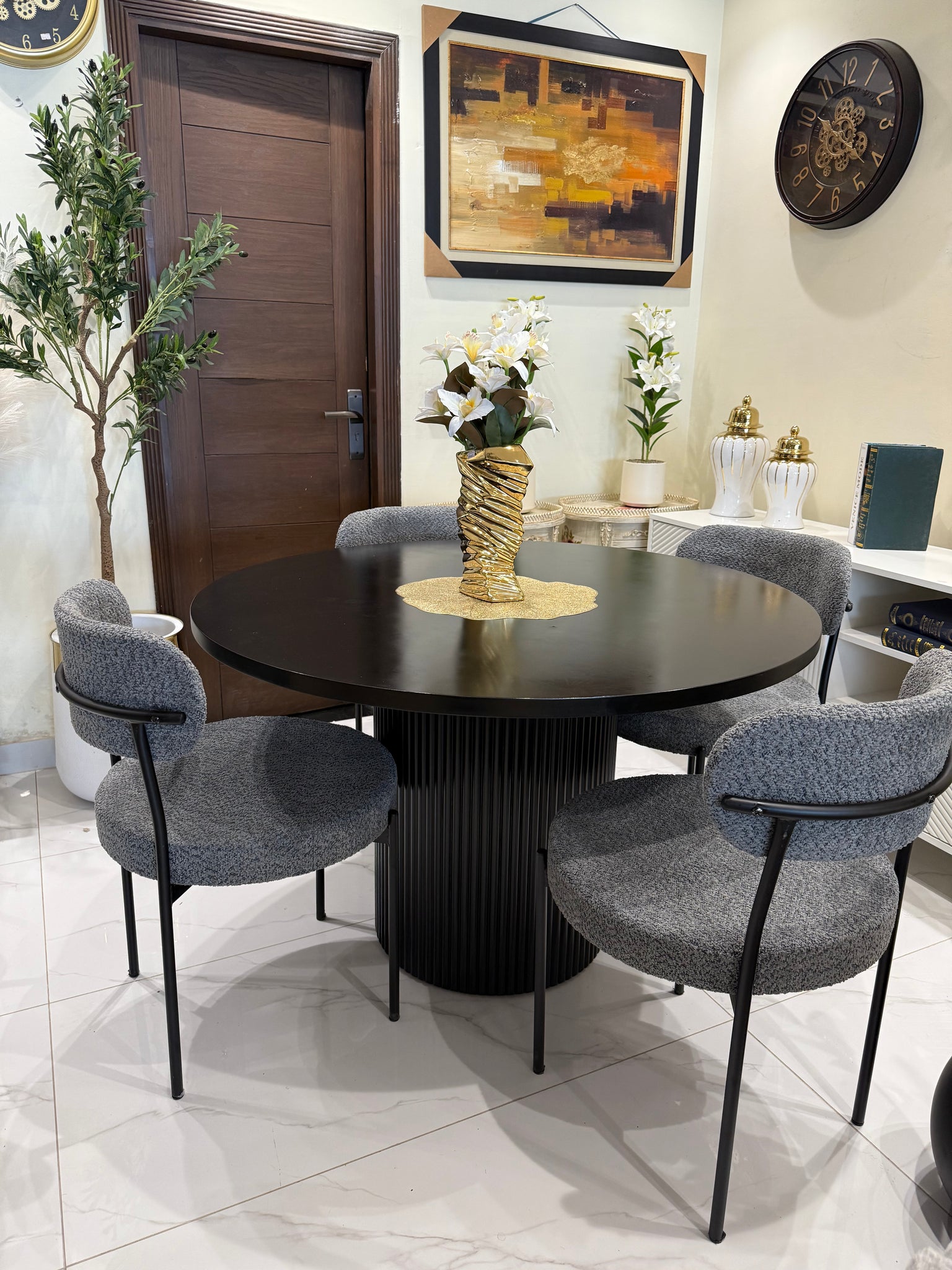 4 Seater Grey Boucle Dining Table – Wood Action