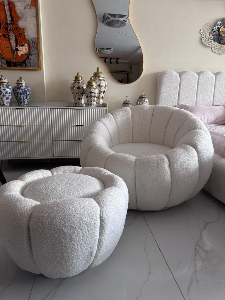 Round Boucle chair and Stool – Wood Action