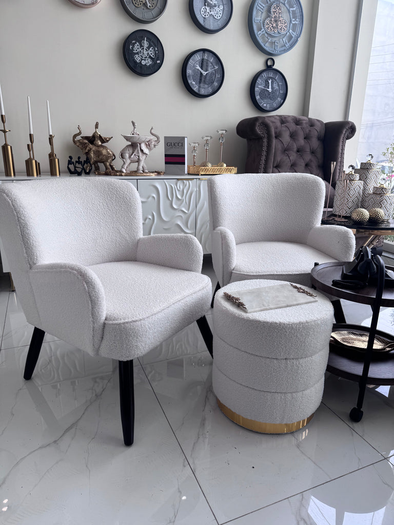 Boucle chair with Round Stool – Wood Action