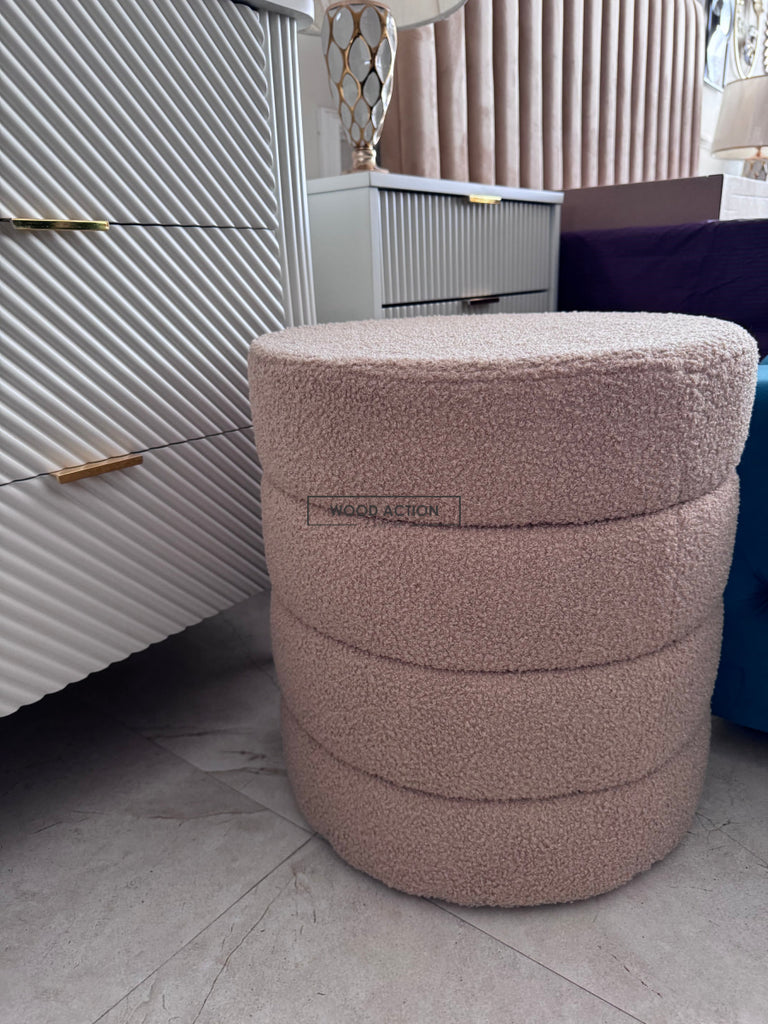 Boucle Premium round Stool Brown 0011 – Wood Action