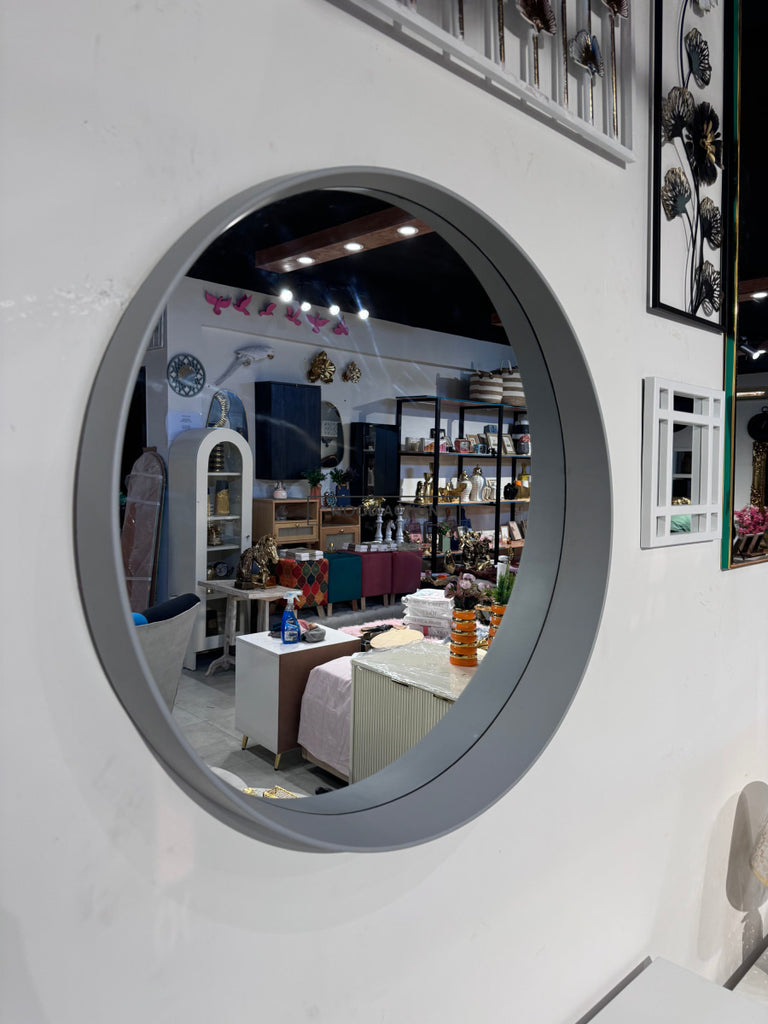 Grey Round Mirror – Wood Action