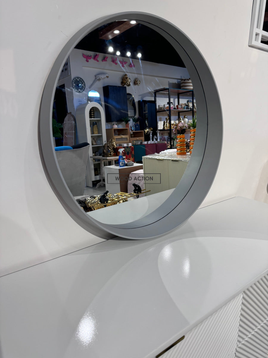 Grey Round Mirror – Wood Action